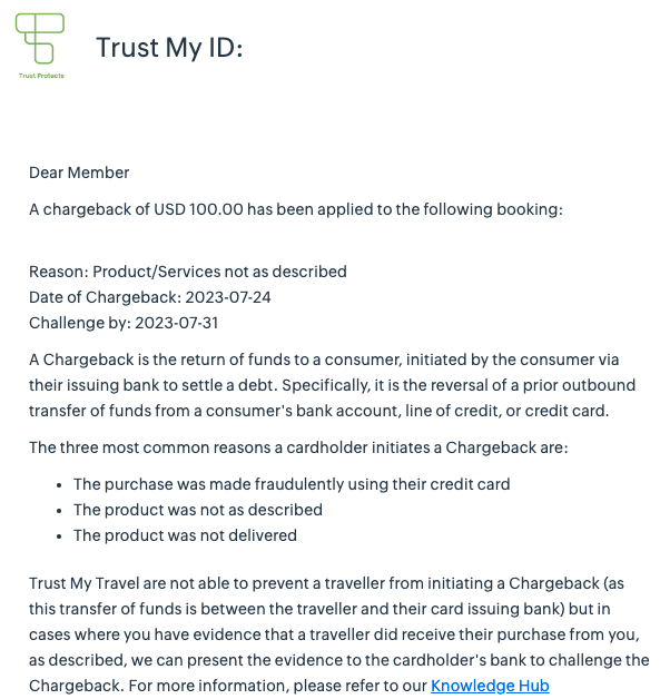 Chargeback email notifications – Package Travel Protection